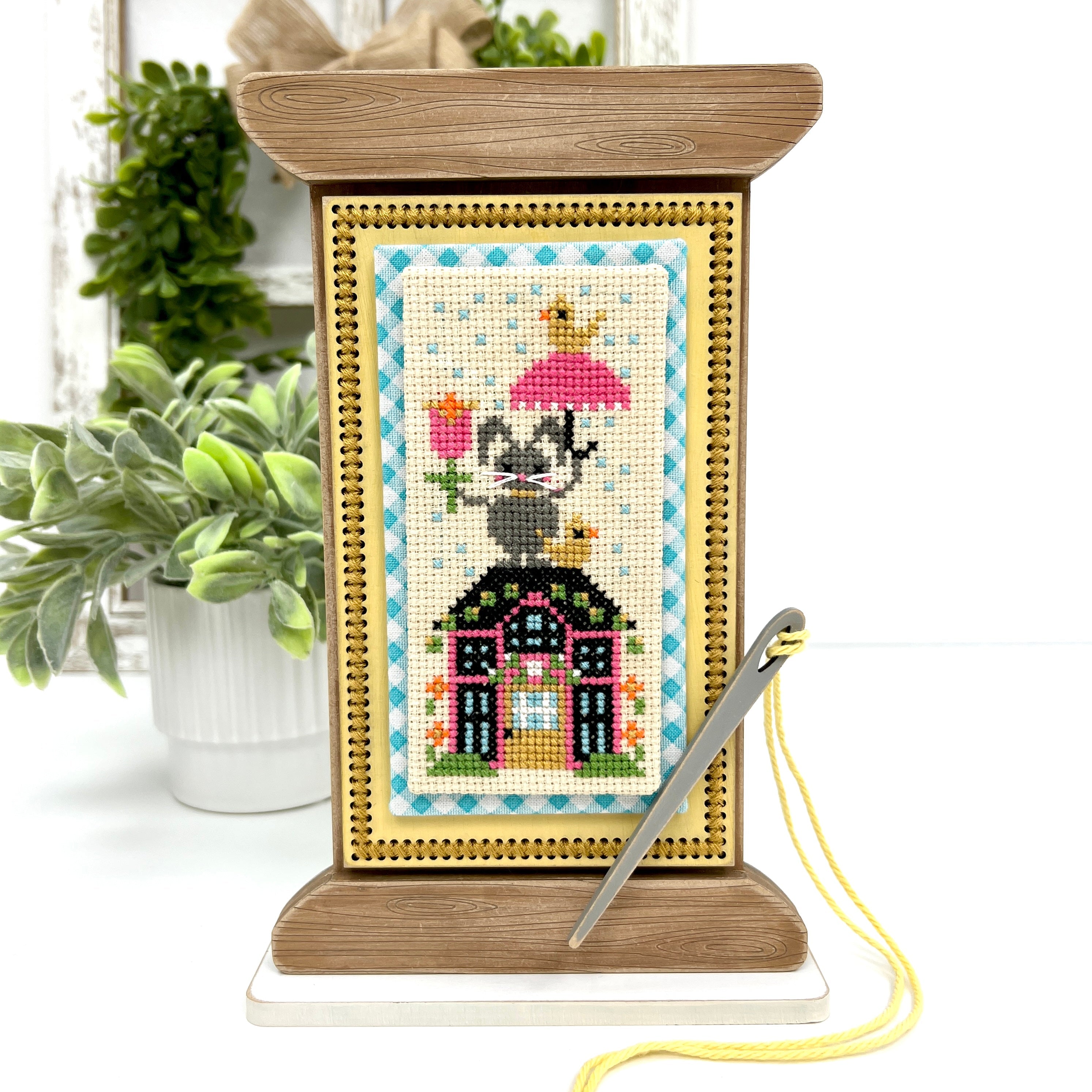 Spool With Cross Stitch Frame-Unfinished Wood - Paisleys and Polka Dots